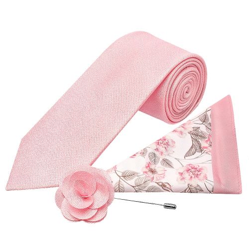 Mens Classic Pink Tie with Pocket Square and Lapel Pin Free Delivery