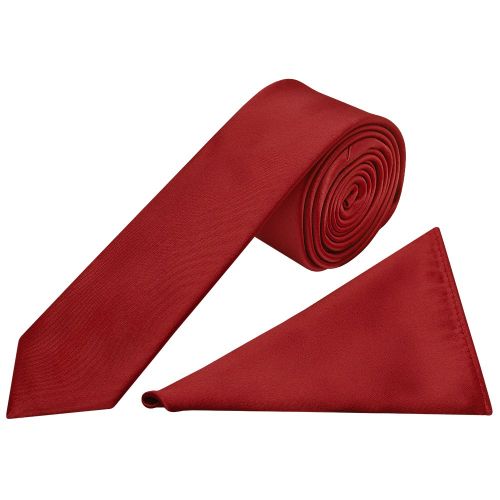 Red Wine Satin Tie and Handkerchief Set | Skinny Tie Handkerchief set
