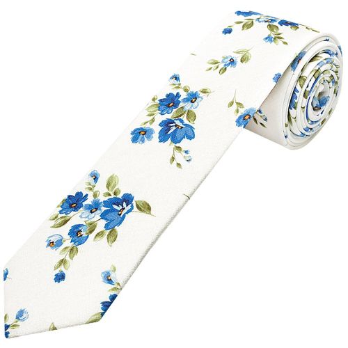 Men's Skinny White with Blue Flower Pattern Tie - Free Delivery