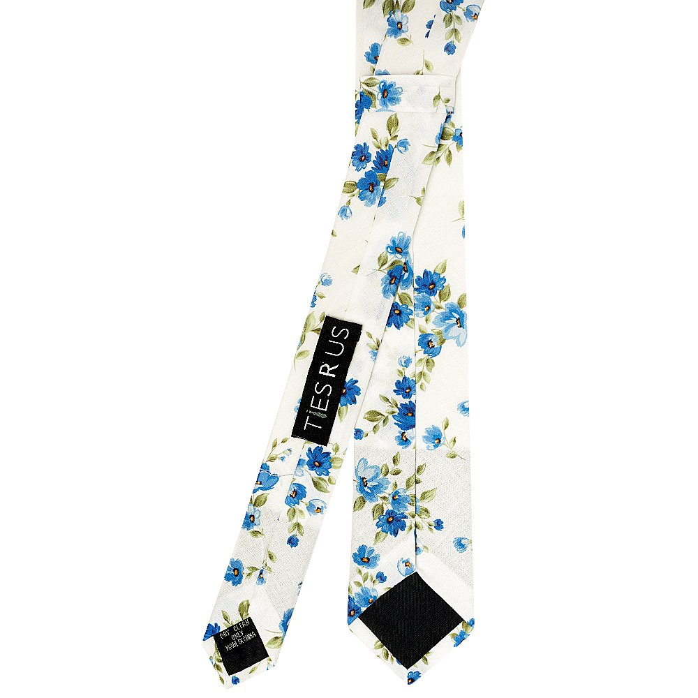 Men's Skinny White with Blue Flower Pattern Tie - Free Delivery