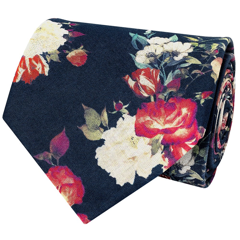 Men's Classic Navy with White and Red Flower Pattern Tie - Free Delivery