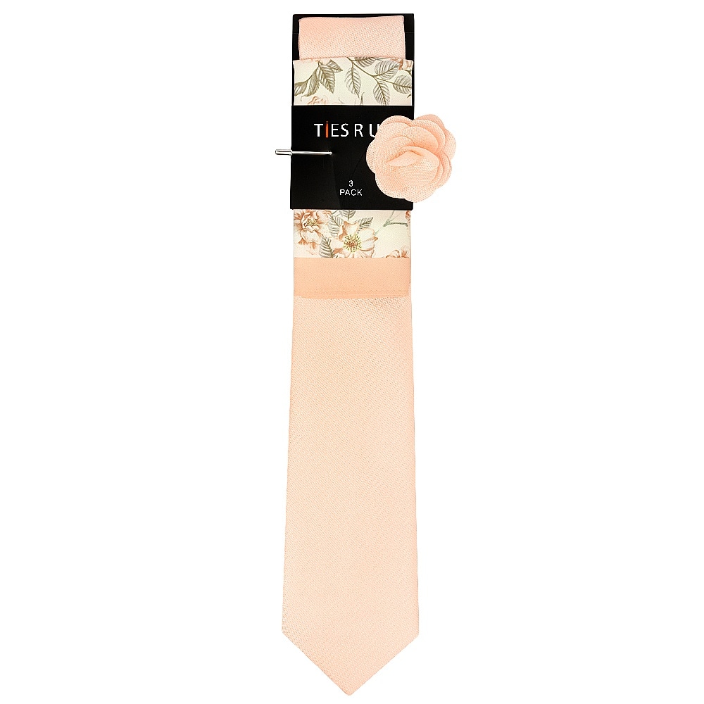 Mens Classic Peach Tie with Pocket Square and Lapel Pin Free Delivery
