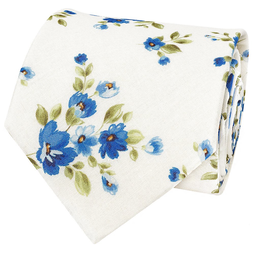 Men's Classic White with Blue Flower Pattern Tie - Free Delivery