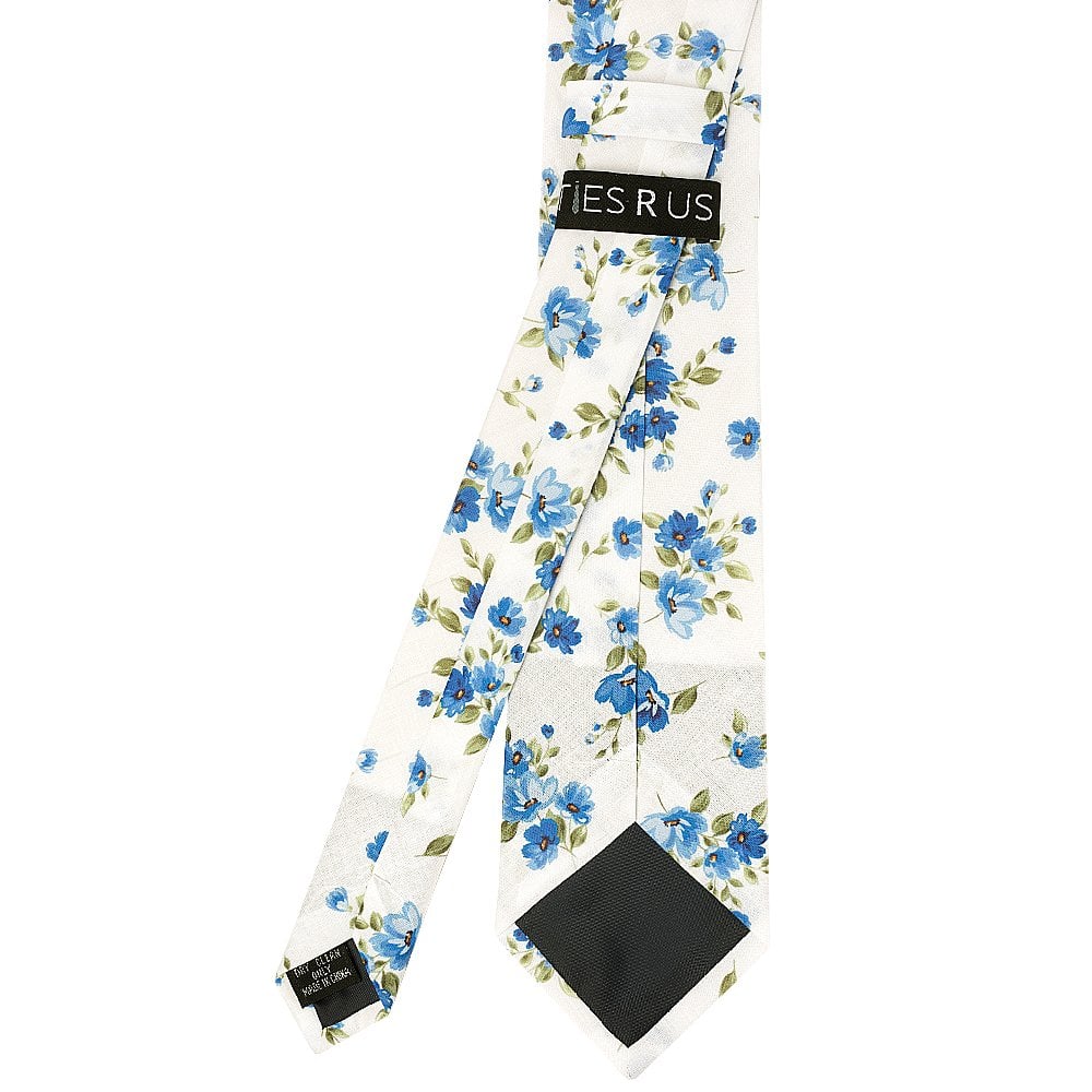 Men's Classic White with Blue Flower Pattern Tie and Pocket Square Set ...