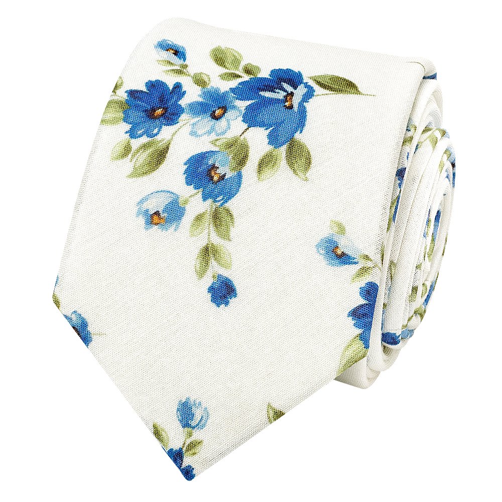 Men's Skinny White with Blue Flower Pattern Tie - Free Delivery
